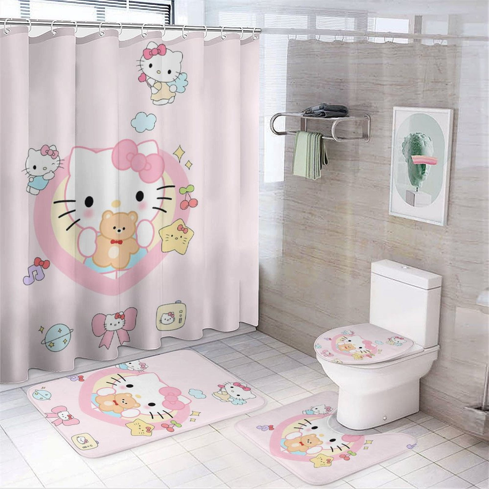 Hello Kitty Bathroom Set - 4 Piece Shower Curtain Set with 72x72 inch ...