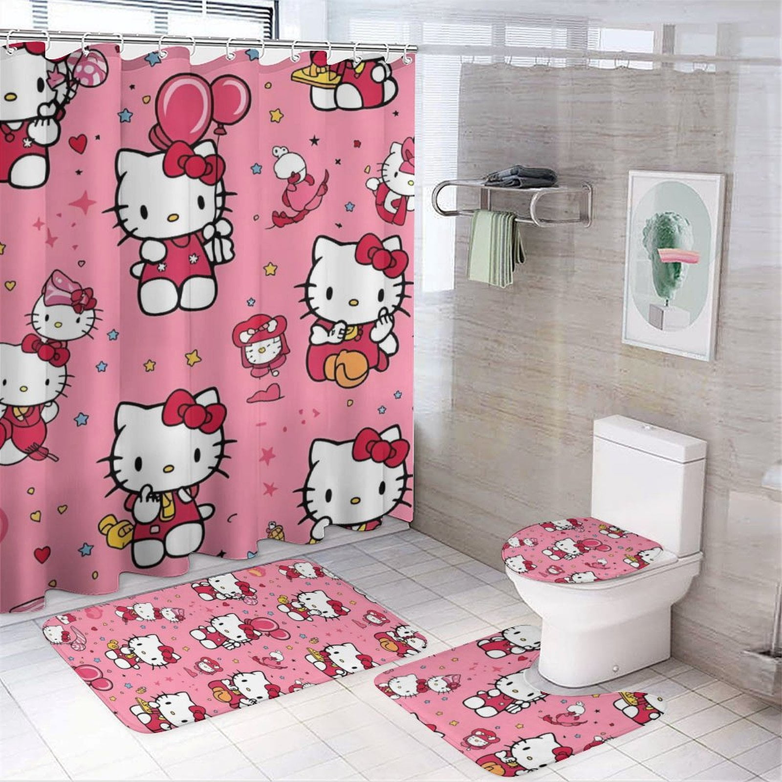 Hello Kitty Bathroom Set - 4 Piece Shower Curtain Set with 72x72 inch ...