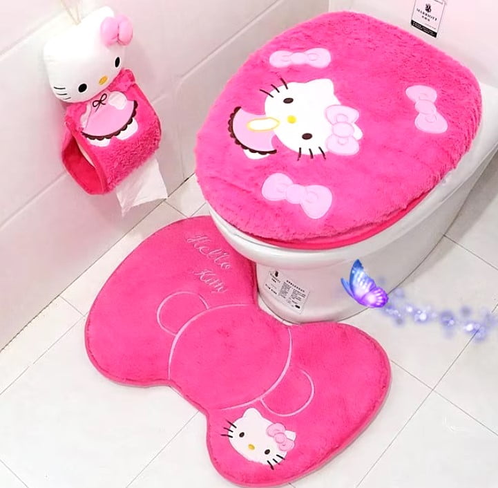 Hello Kitty Bathroom Set Toilet Seat Cover Bath Mat 4 pcs Set Hot Pink ...