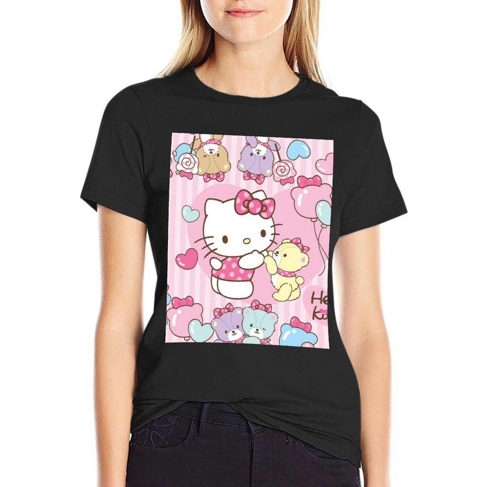 Hello Kitty Bear balloon Heart Crew Neck Shirt T-Shirt - Walmart.com