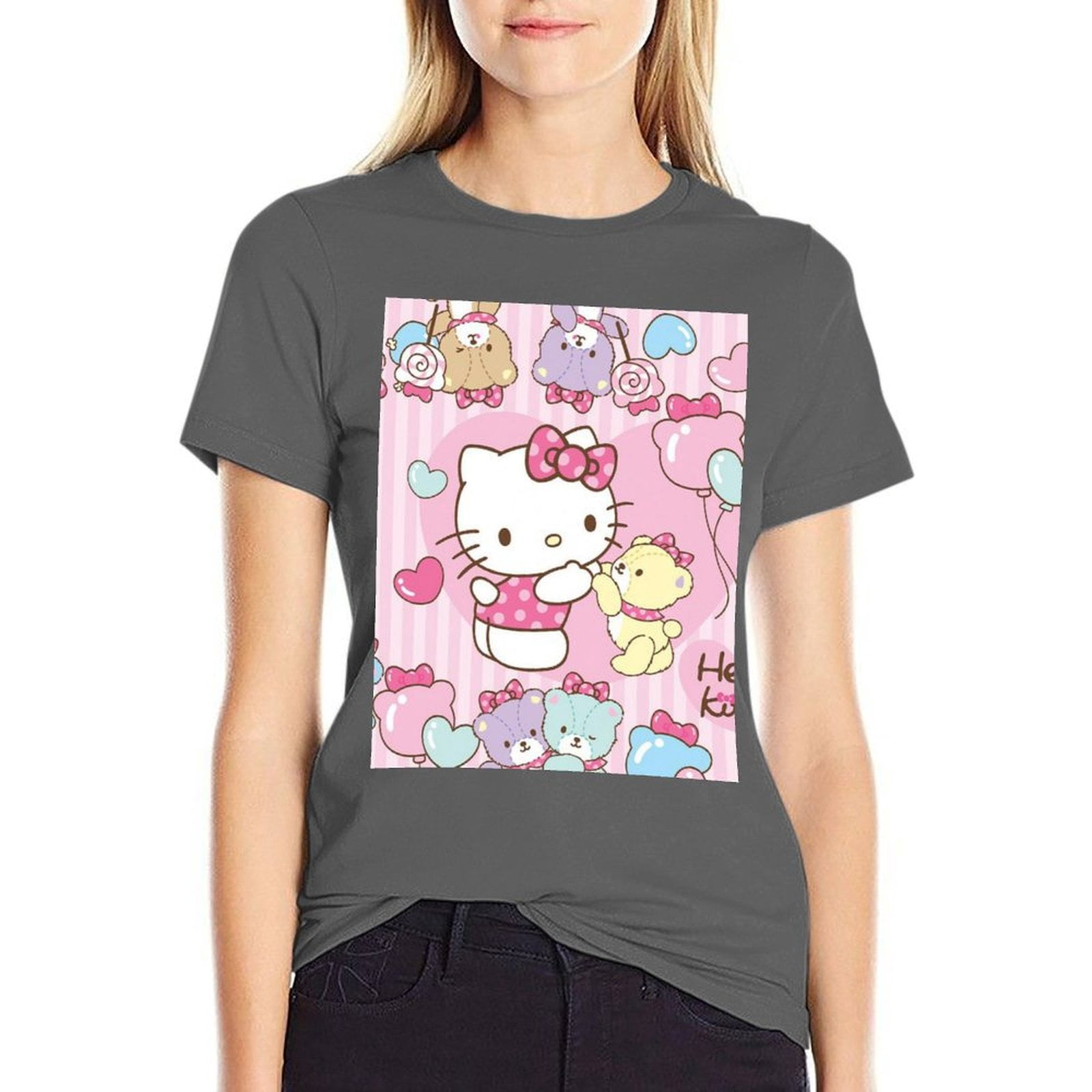 Hello Kitty Bear balloon Heart Crew Neck Shirt T-Shirt - Walmart.com