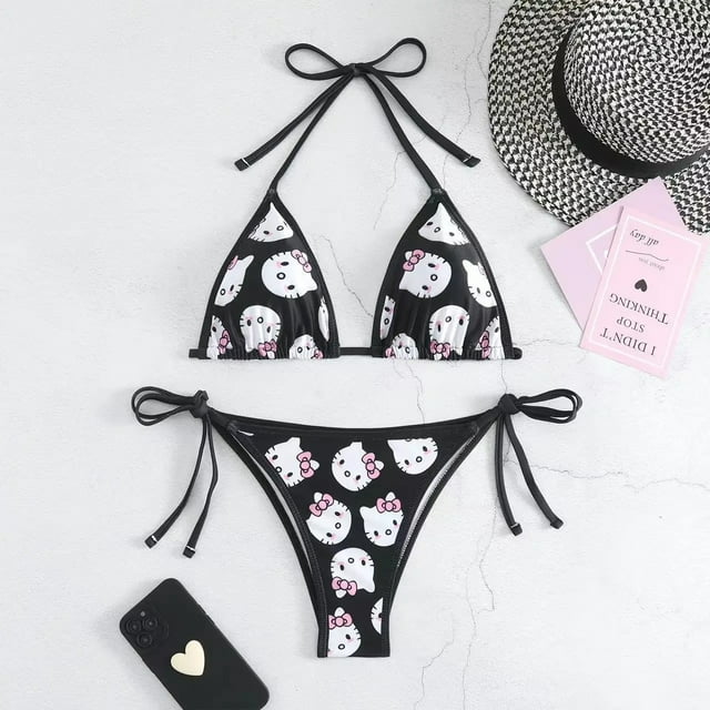 Hello Kitty Bikini Set Cute Cartoon Y2k Anime Summer Beach Strappy
