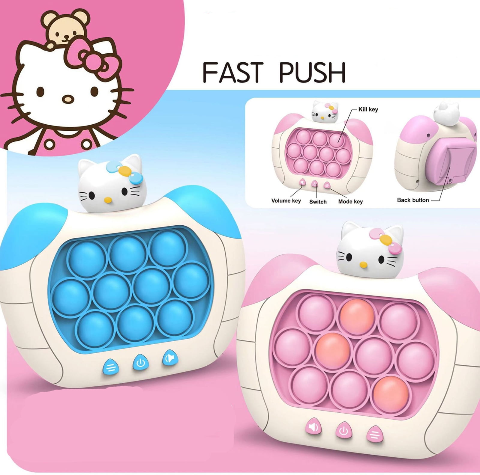 Hello Kitty (Blue) Fast Push Game, Cute Anime Pop Fidget Light Up ...
