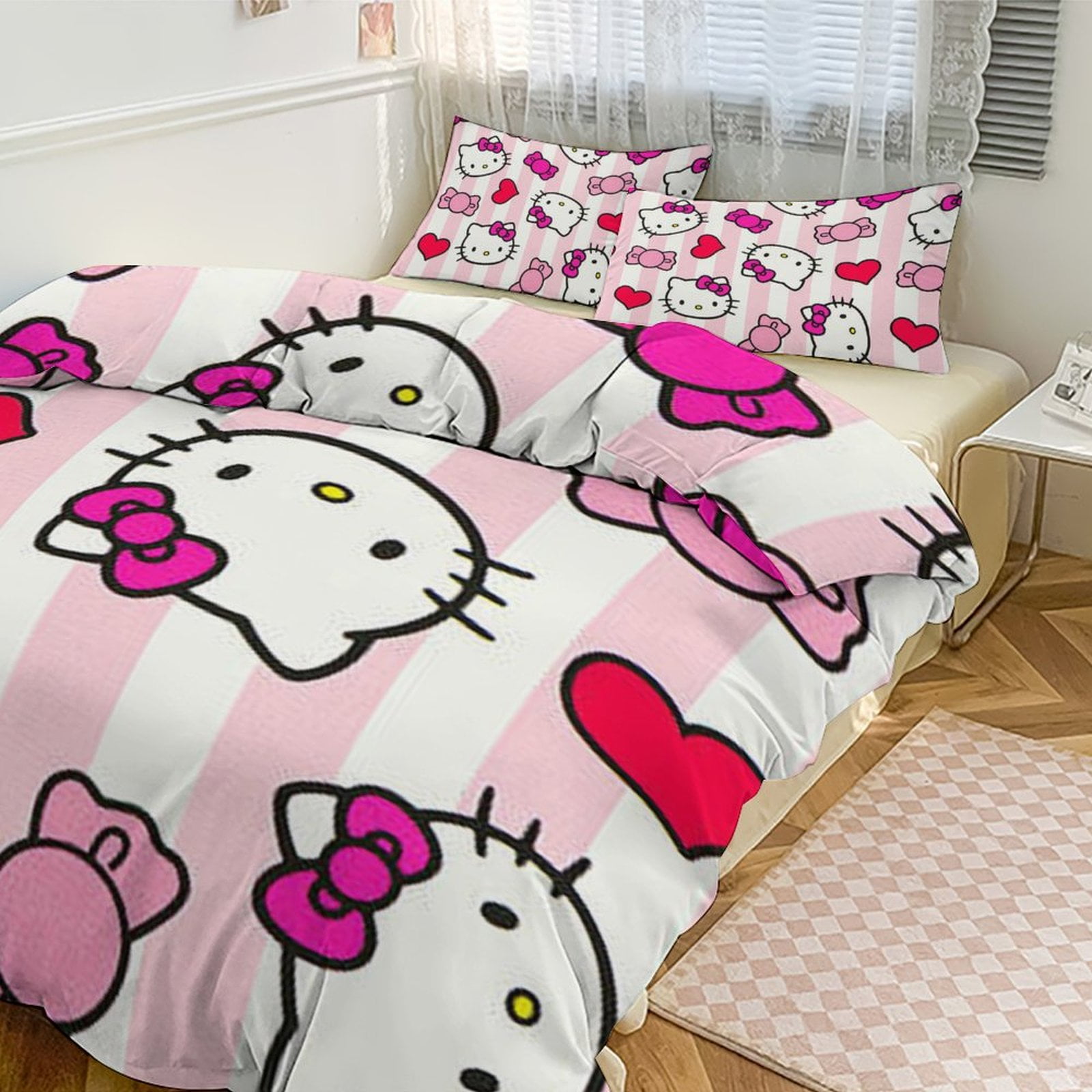 Hello Kitty Bowknot Heart Comforter Set with Sheets - 3 Piece Bedding ...