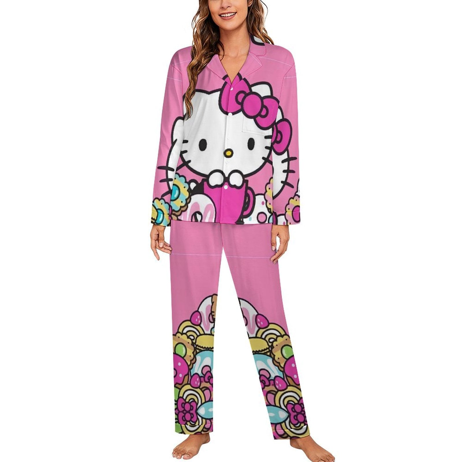 Hello Kitty Cafe Womens Silk Satin Pajamas Set Button Down 2 Piece Pjs ...
