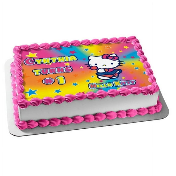 Hello Kitty Candy Rainbow Star Spiral Birthday Edible Image Cake Topper ...