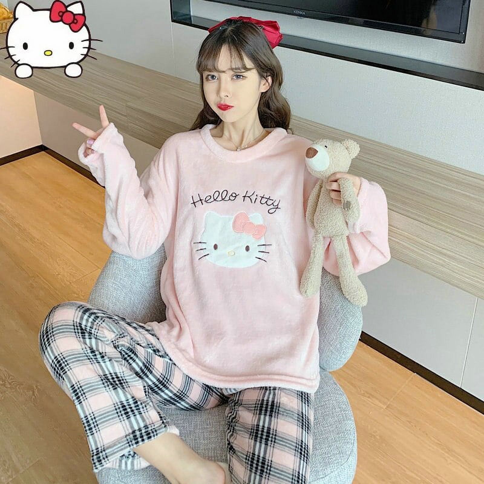 Hello Kitty Cartoon Cute Flannel Women Pyjamas Sets Thick Coral Pijamas ...