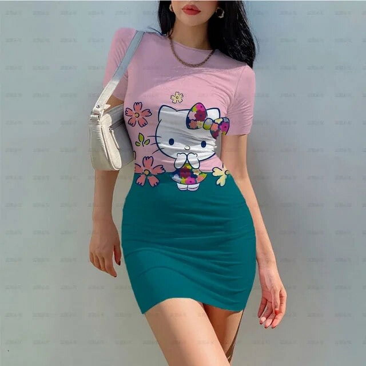 Hello Kitty Cartoon Dress Women Print Body Slim Pencil Sheath Dress ...