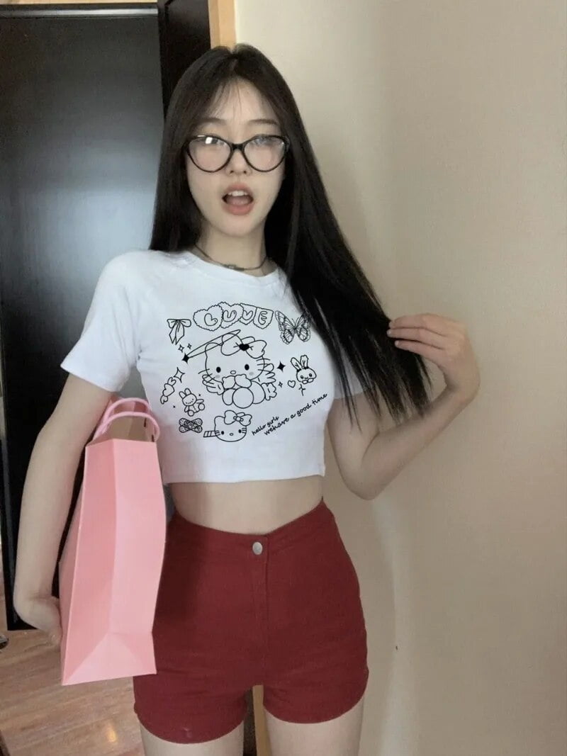 Hello Kitty Cartoon Print Y2k Tops 2024 Women Summer New Sexy T-shirt Versatile Open Navel Spicy ...