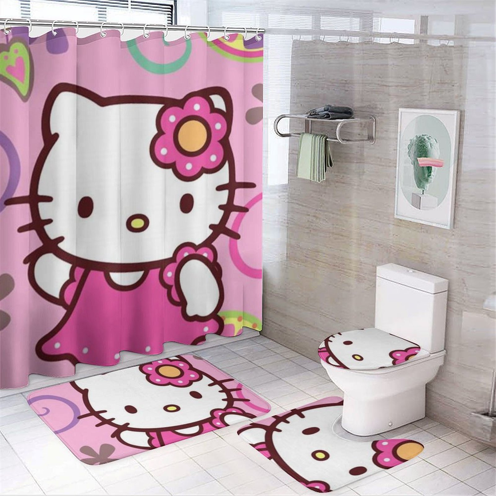 Hello Kitty Cartoon Shower Curtain Set for Bathroom 4 Piece Bathroom ...