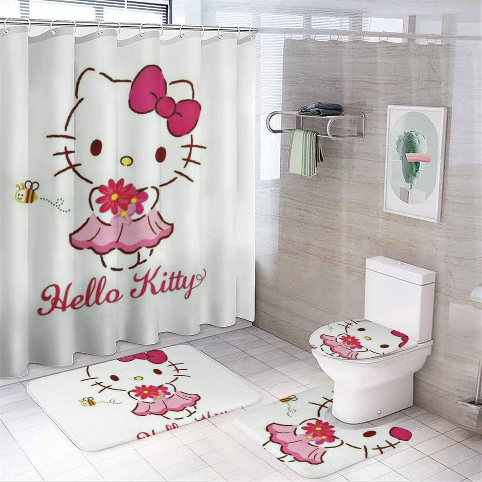 Hello Kitty Cartoon Shower Curtain Set for Bathroom 4 Piece Bathroom ...