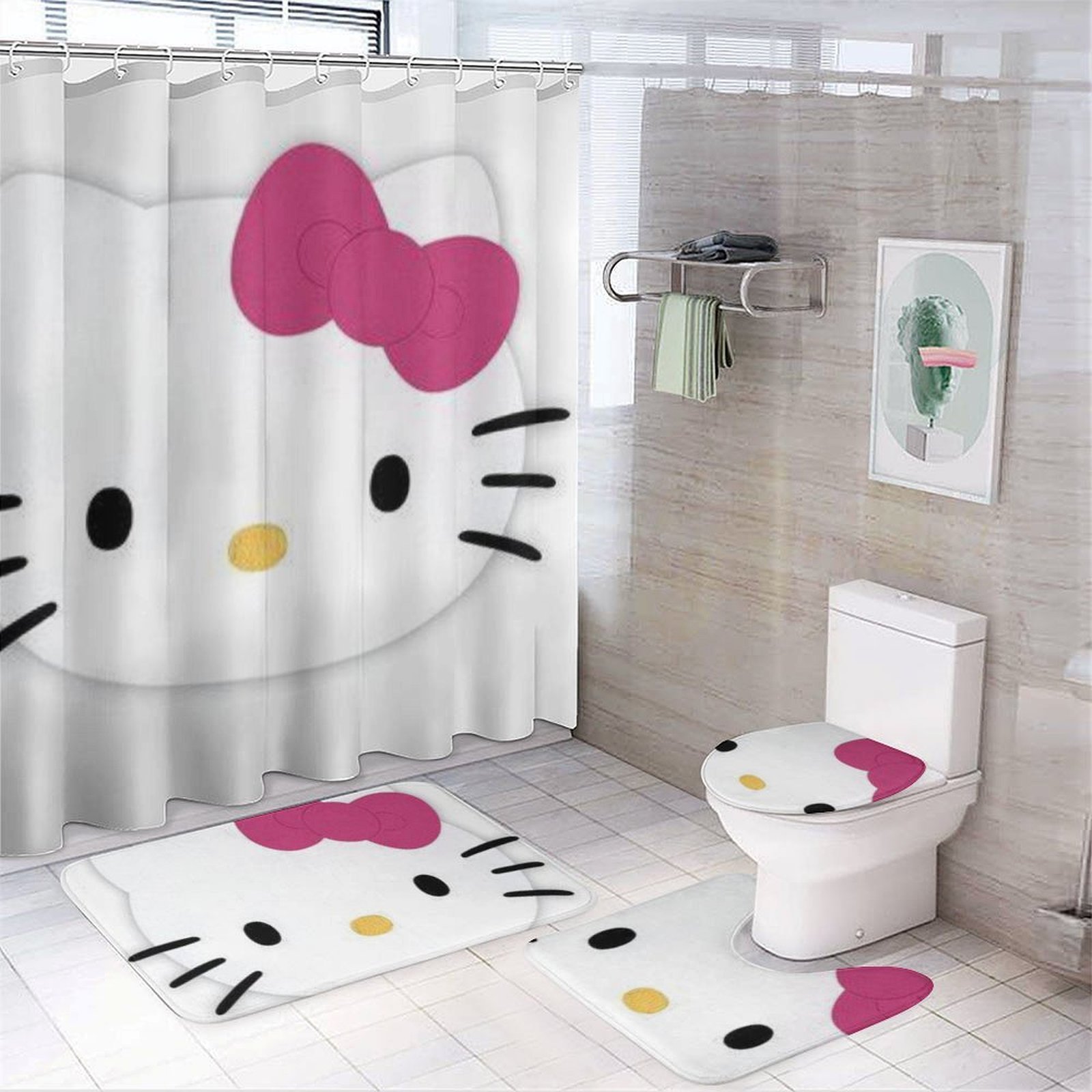 Hello Kitty Cartoon Shower Curtain Set for Bathroom 4 Piece Bathroom ...