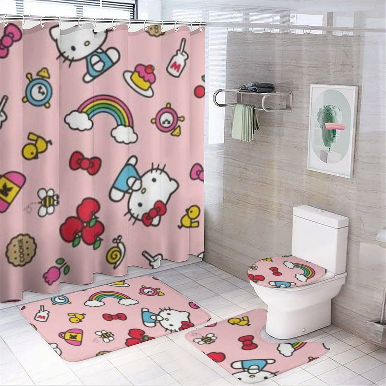 Hello_Kitty Cartoon Shower Curtain Set for Bathroom 4 Piece Bathroom ...