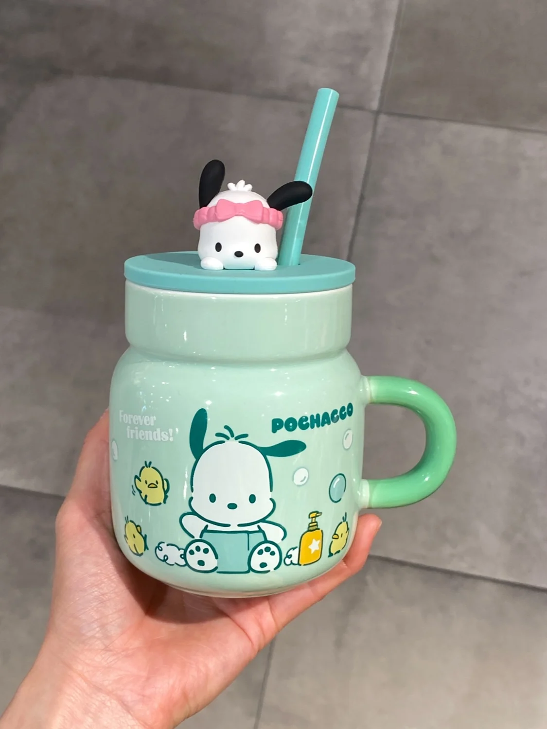 Hello Kitty Ceramic Sanrio Cartoon Mug Silicone Band Cover with Straw ...