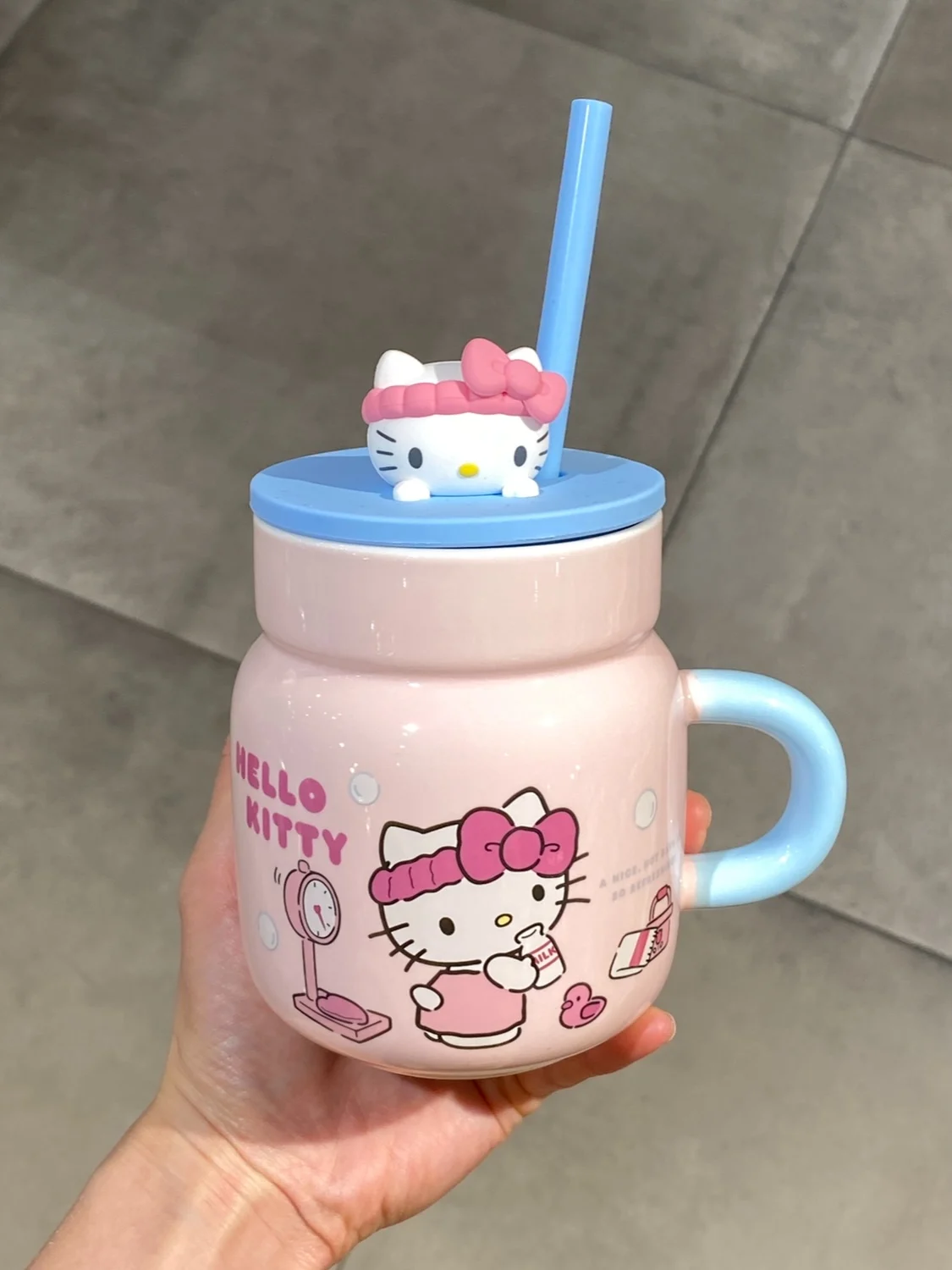 Hello Kitty Ceramic Sanrio Cartoon Mug Silicone Band Cover with Straw ...