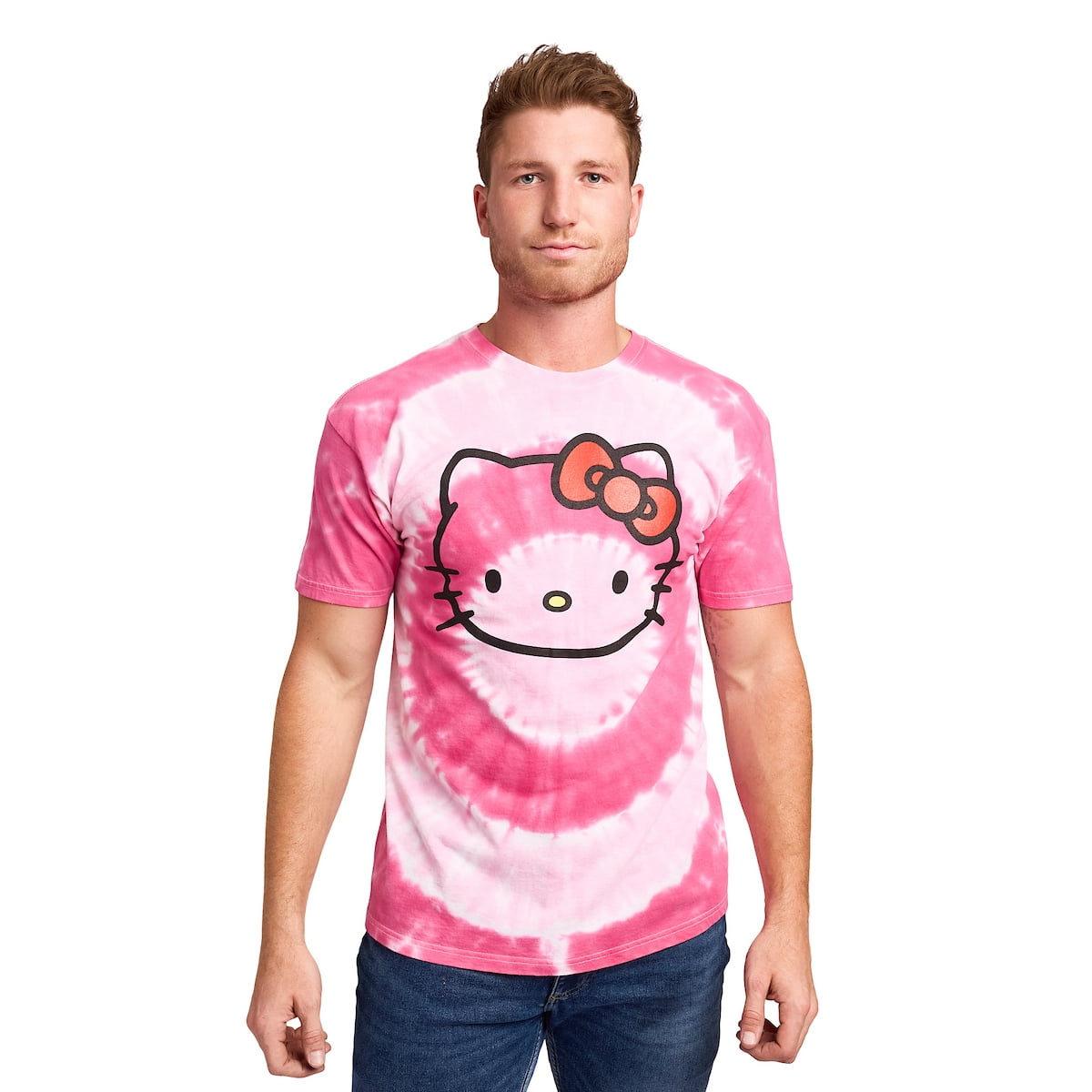 Hello Kitty Character Face Men's Pink Spiral Tie-Dye Crew Neck Short Sleeve T-shirt-XXL ...