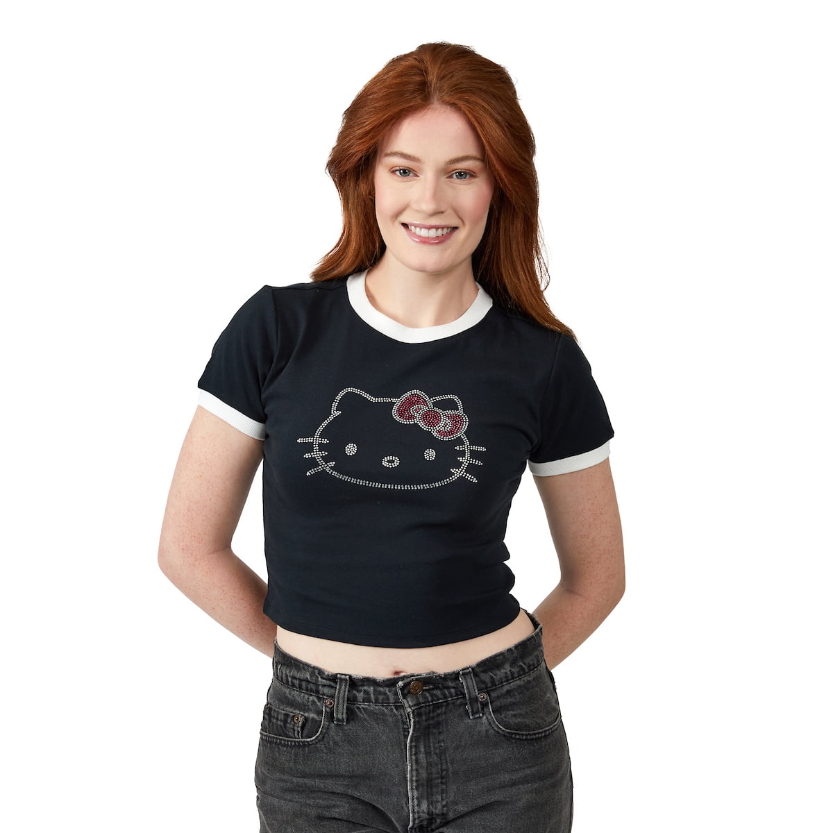 Hello Kitty Character Face Outline Crew Neck Short Sleeve Women's Black ...