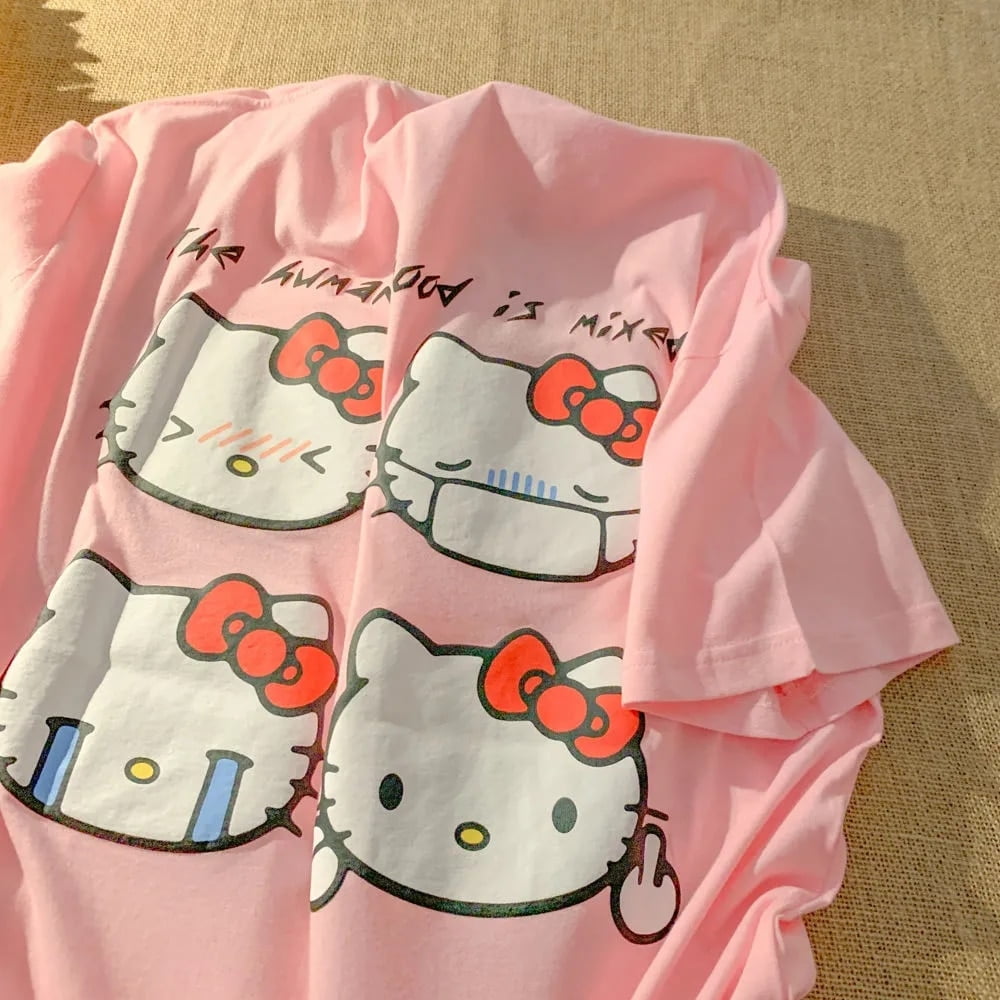 Hello Kitty Clothes Short Sleeve T-shirts Y2k Women Summer Pink Cartoon ...