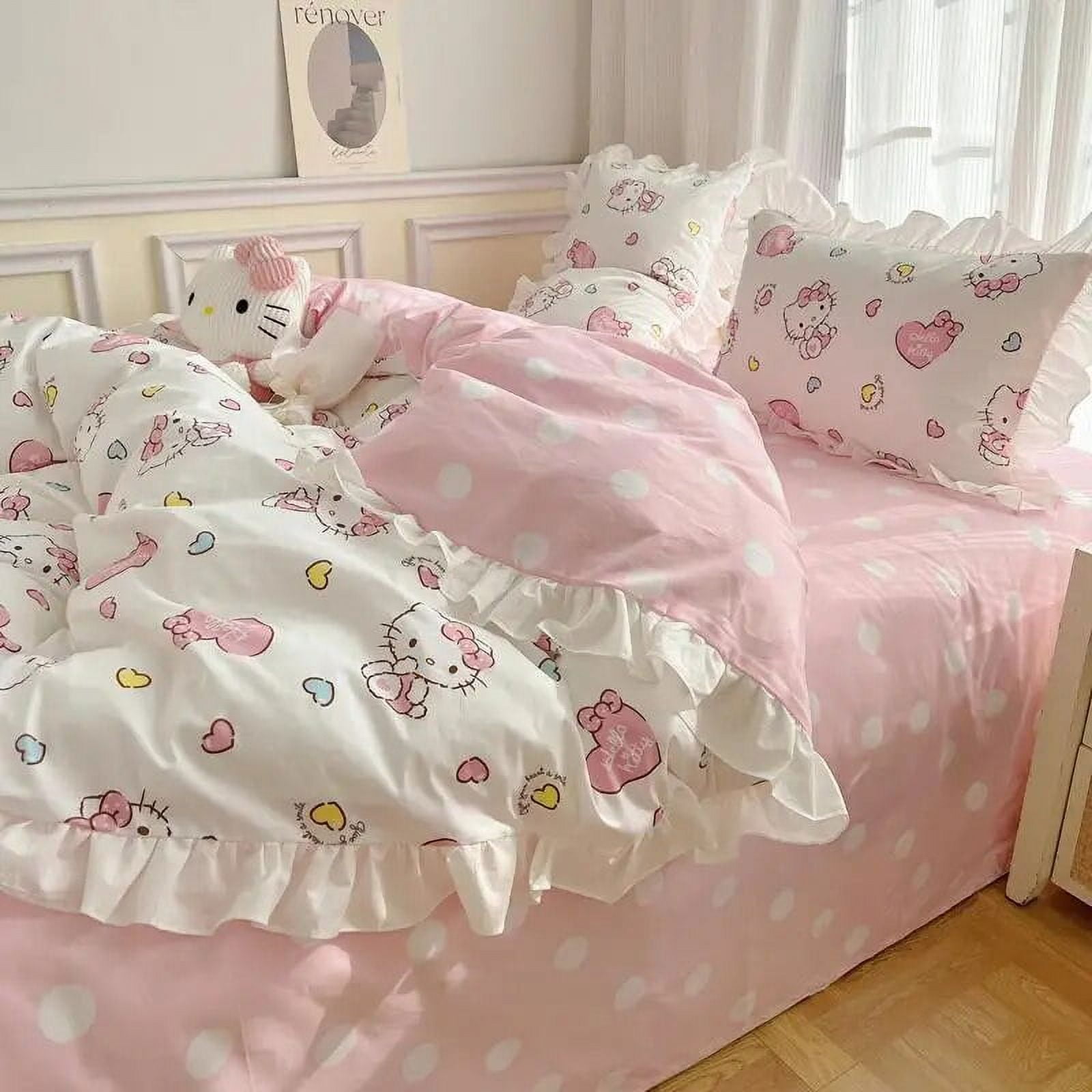 Hello Kitty Cotton Quilt Cover Sheet Pillow Case Kawaii Anime Children ...
