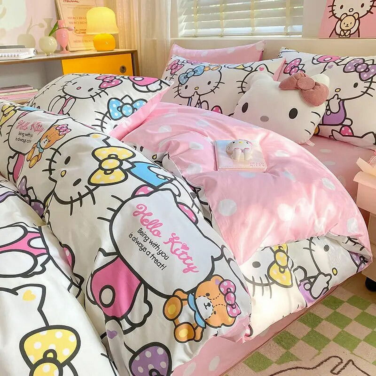 Hello Kitty Cotton Quilt Cover Sheet Pillow Case Kawaii Anime Children ...