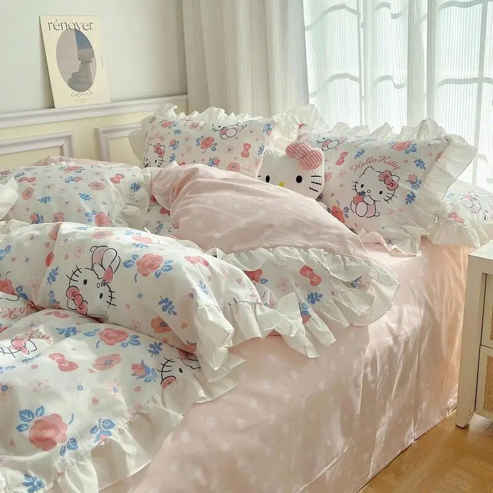 Hello Kitty Cotton Quilt Cover Sheet Pillow Case Kawaii Anime Soft Home ...