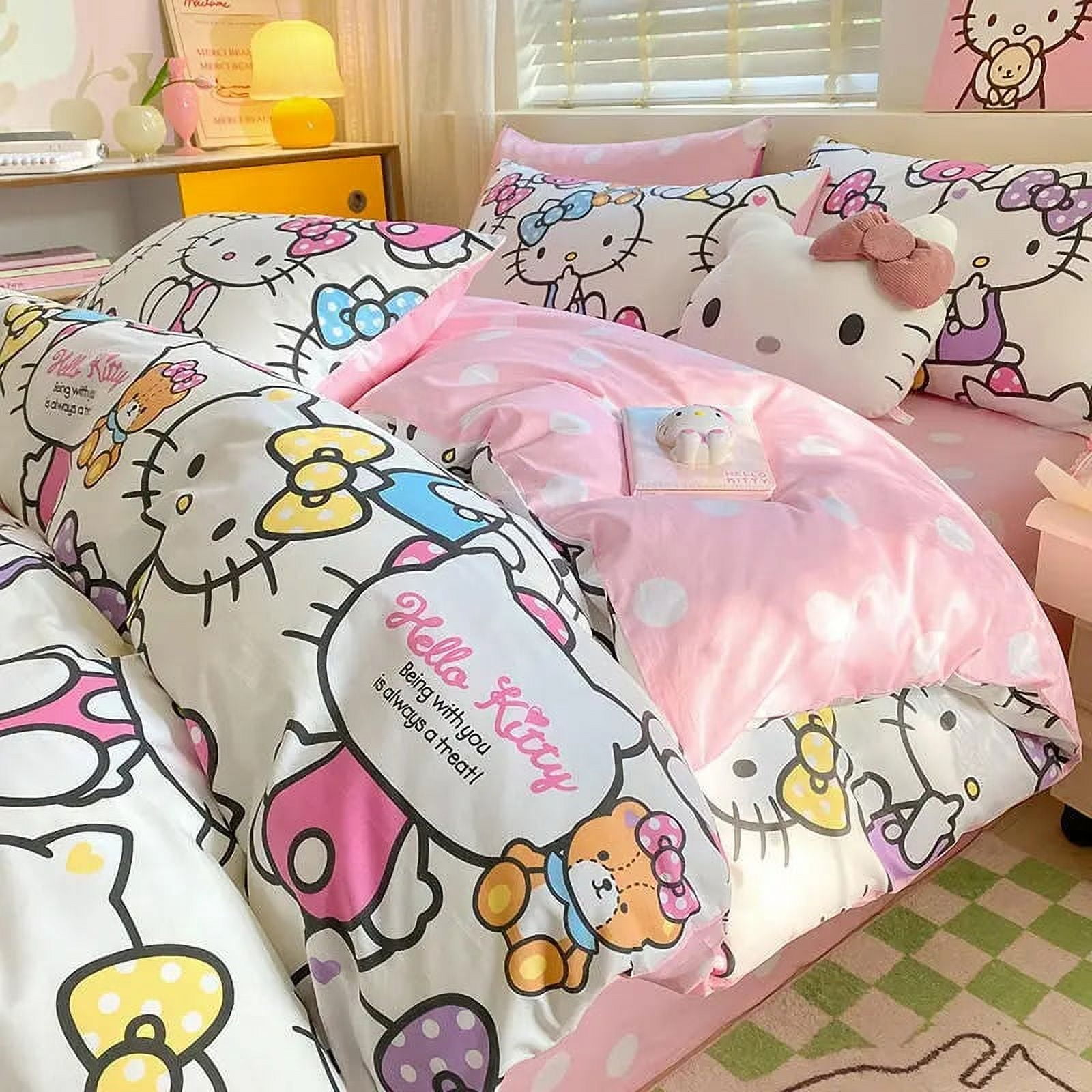 Hello Kitty Cotton Quilt Cover Sheet Pillow Case Kawaii Anime Soft Home ...
