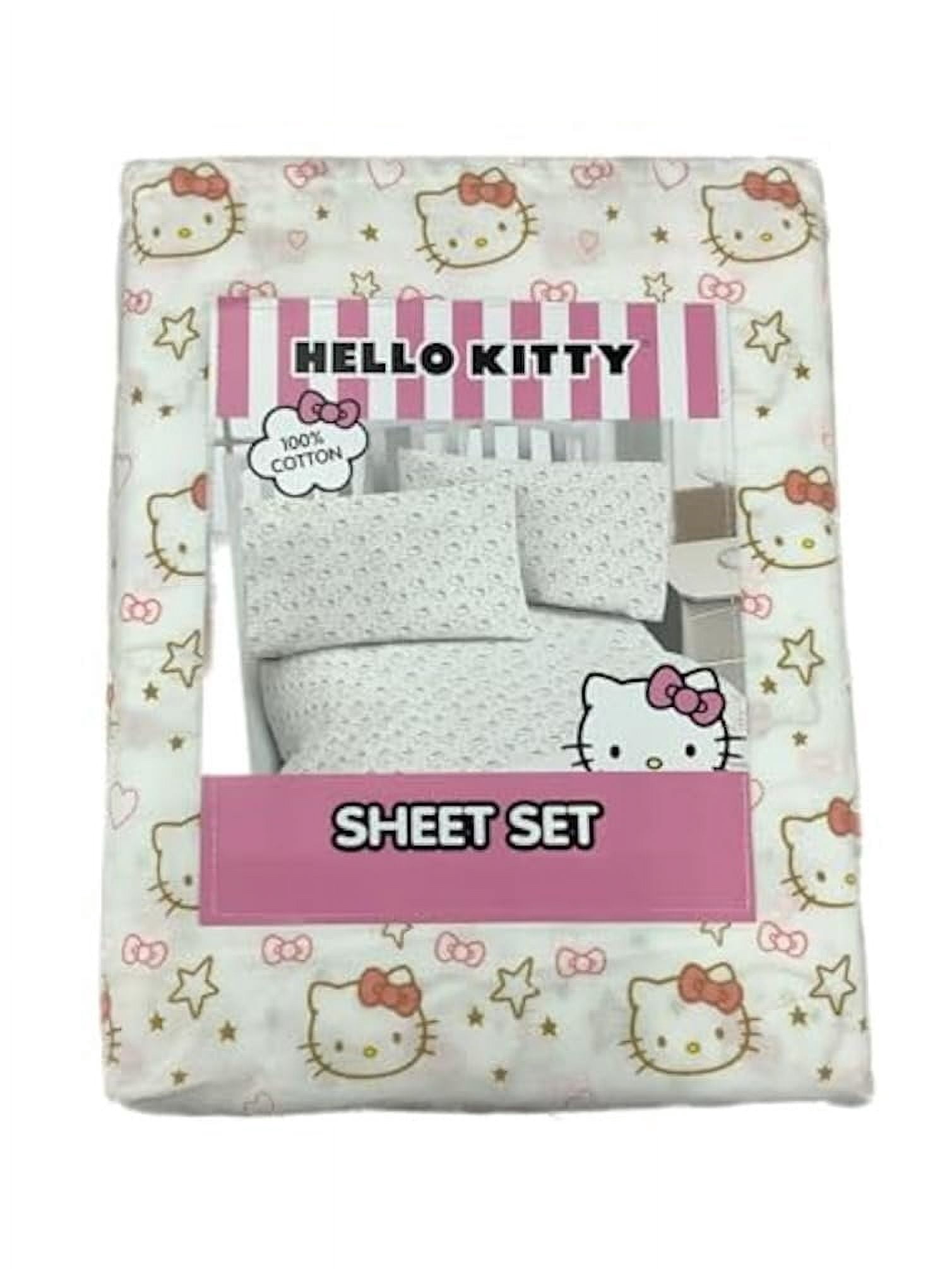 Hello Kitty Cotton Sheet Set Pink Bows & Hearts, Gold Hello Kitty ...
