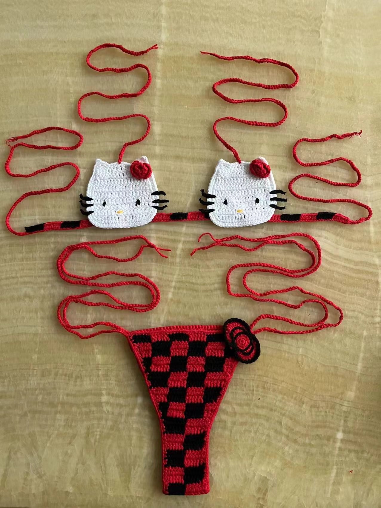 Hello Kitty Crochet Bikini Set 2pcs Bathing Suit Sexy Micro Bikinis Y2k