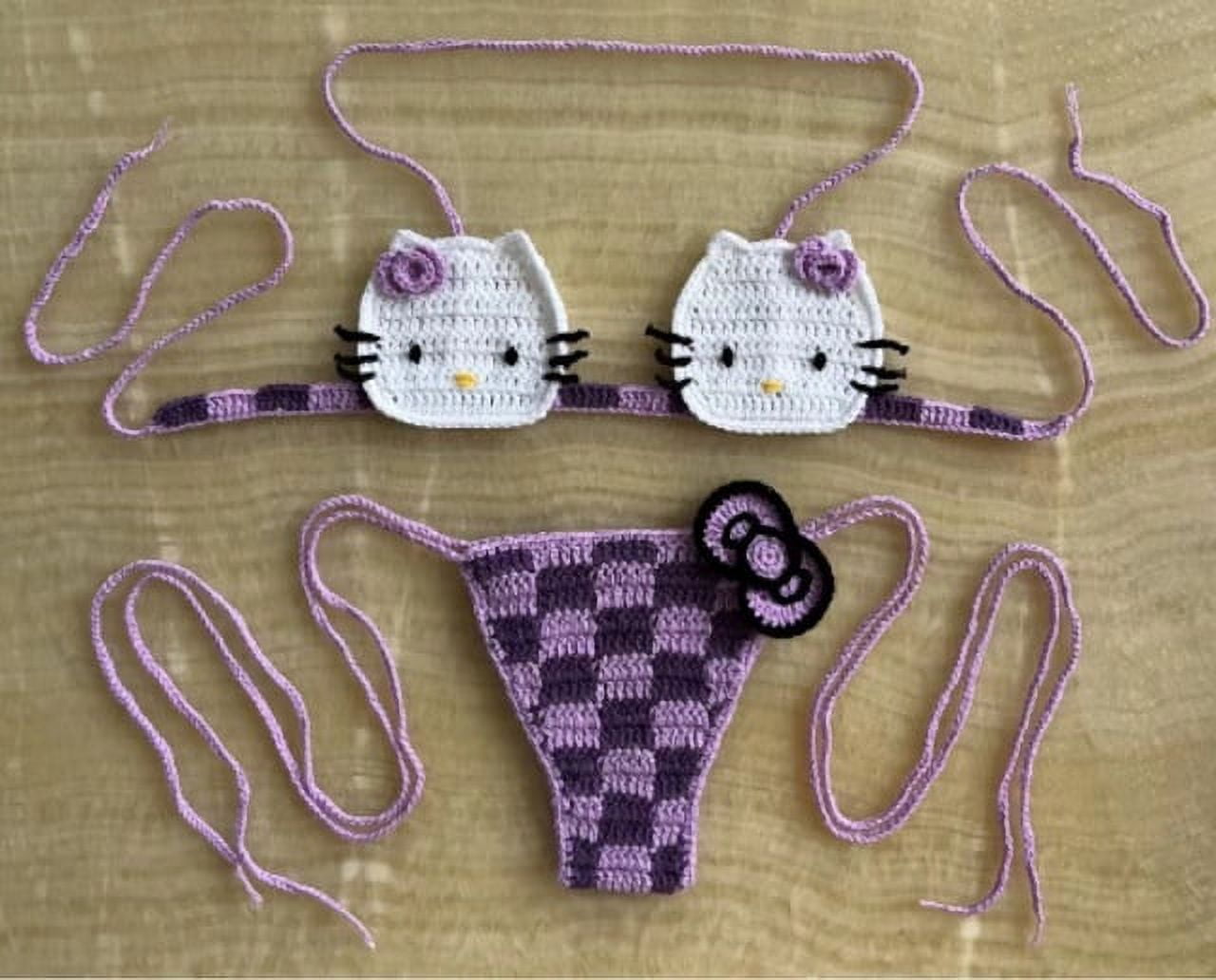 Hello Kitty Crochet Bikini Set 2pcs Bathing Suit Sexy Micro Bikinis Y2k Ties Swimsuit Thong