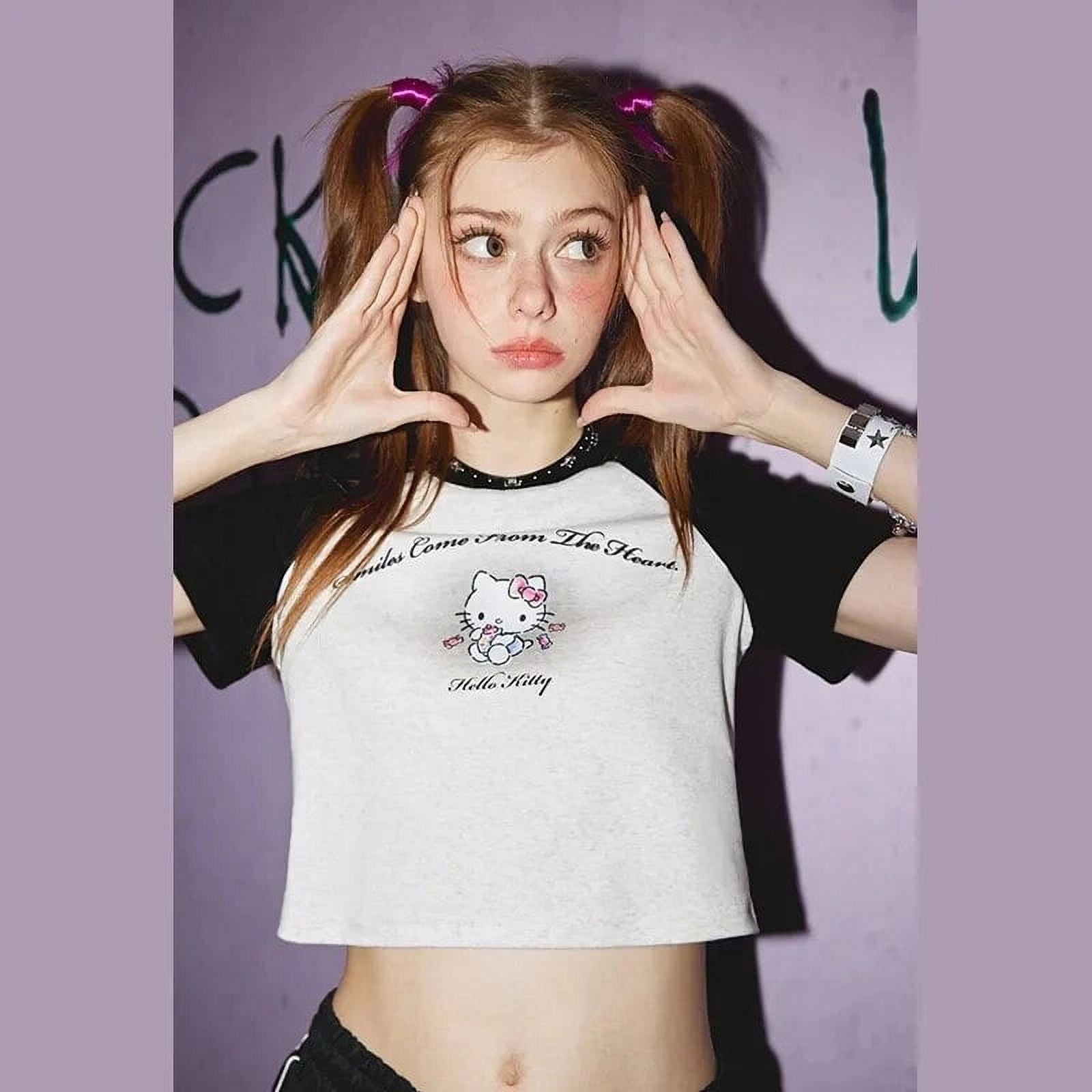 Hello Kitty Crop Tops Tees Women T-Shirt Y2k Print Slim Graphic Summer ...