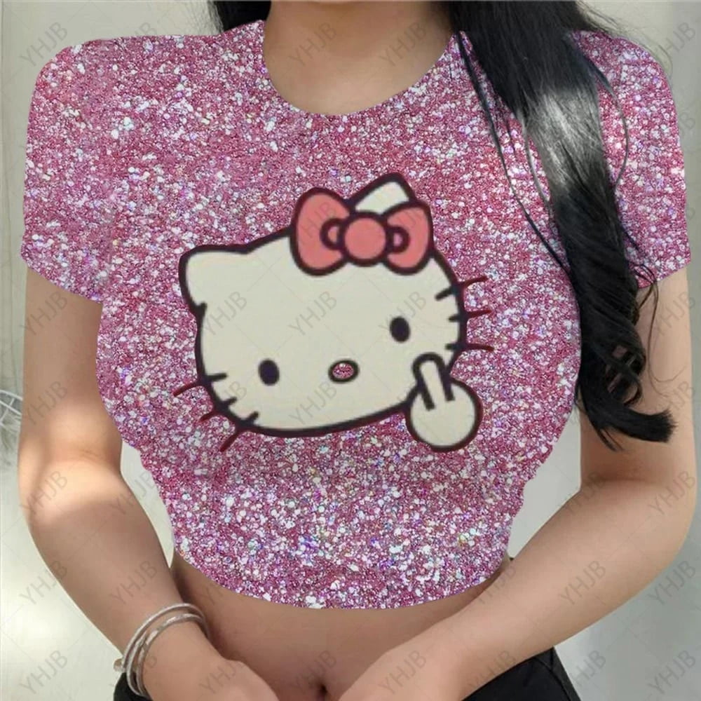 Hello Kitty Cute Print Crop Top Basic Casual Crewneck Short Sleeve T ...