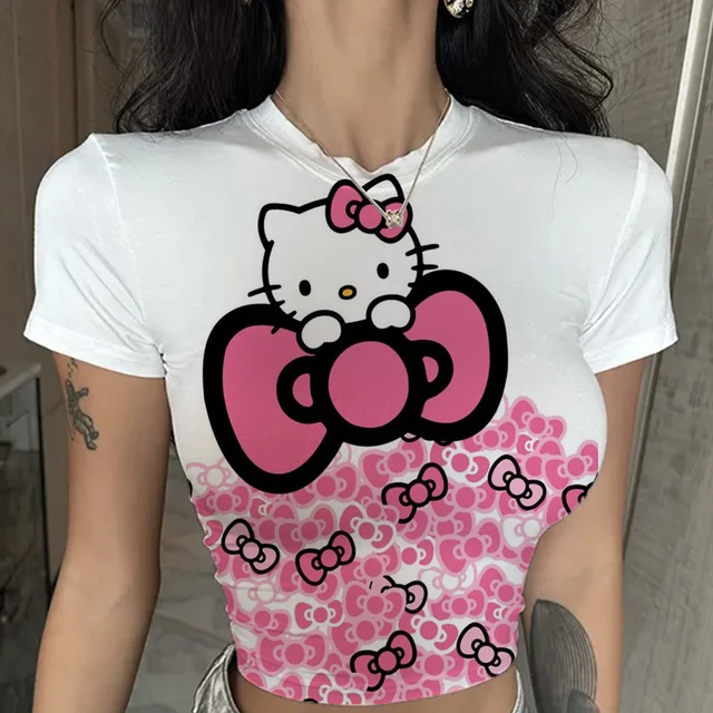 Hello Kitty Cute Print Crop Top Basic Casual Crewneck Short Sleeve T ...