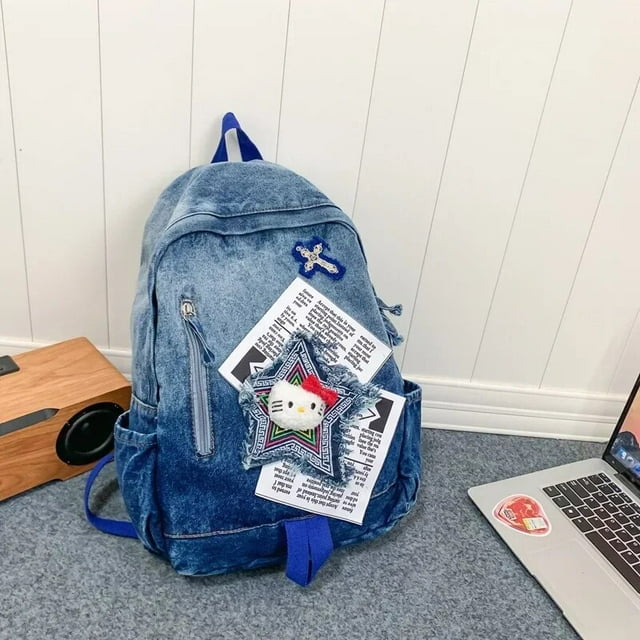 Hello Kitty Denim Color Block Backpack Large Capacity Cartoon Backpack ...