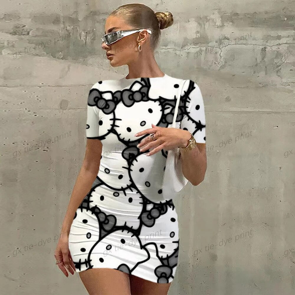 Hello Kitty Digital Print Elegant Pencil Dress Womens Simple Sheath ...
