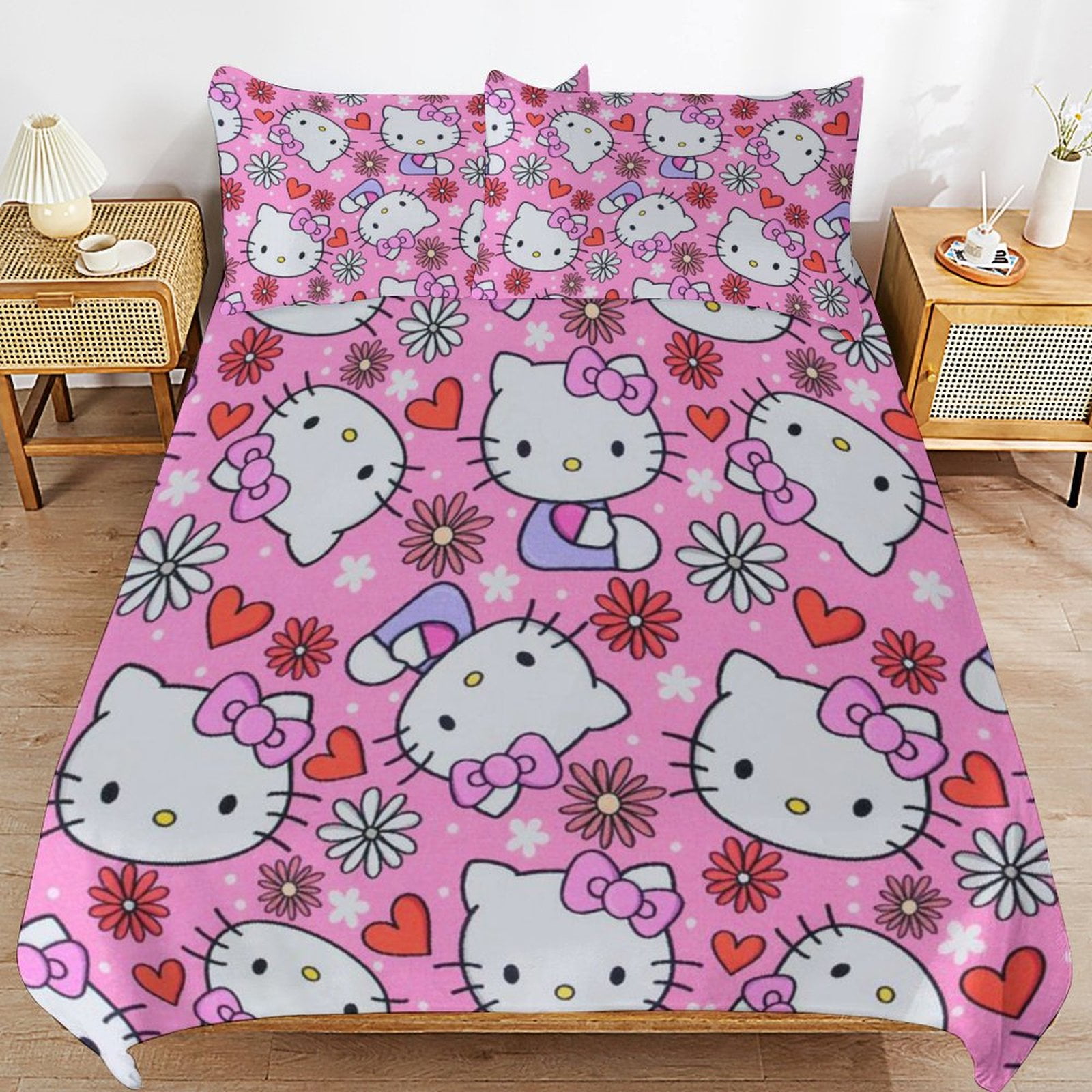 Hello Kitty Duvet Cover Set, 3 Piece Bedding Set 79"x90" Double Sided ...