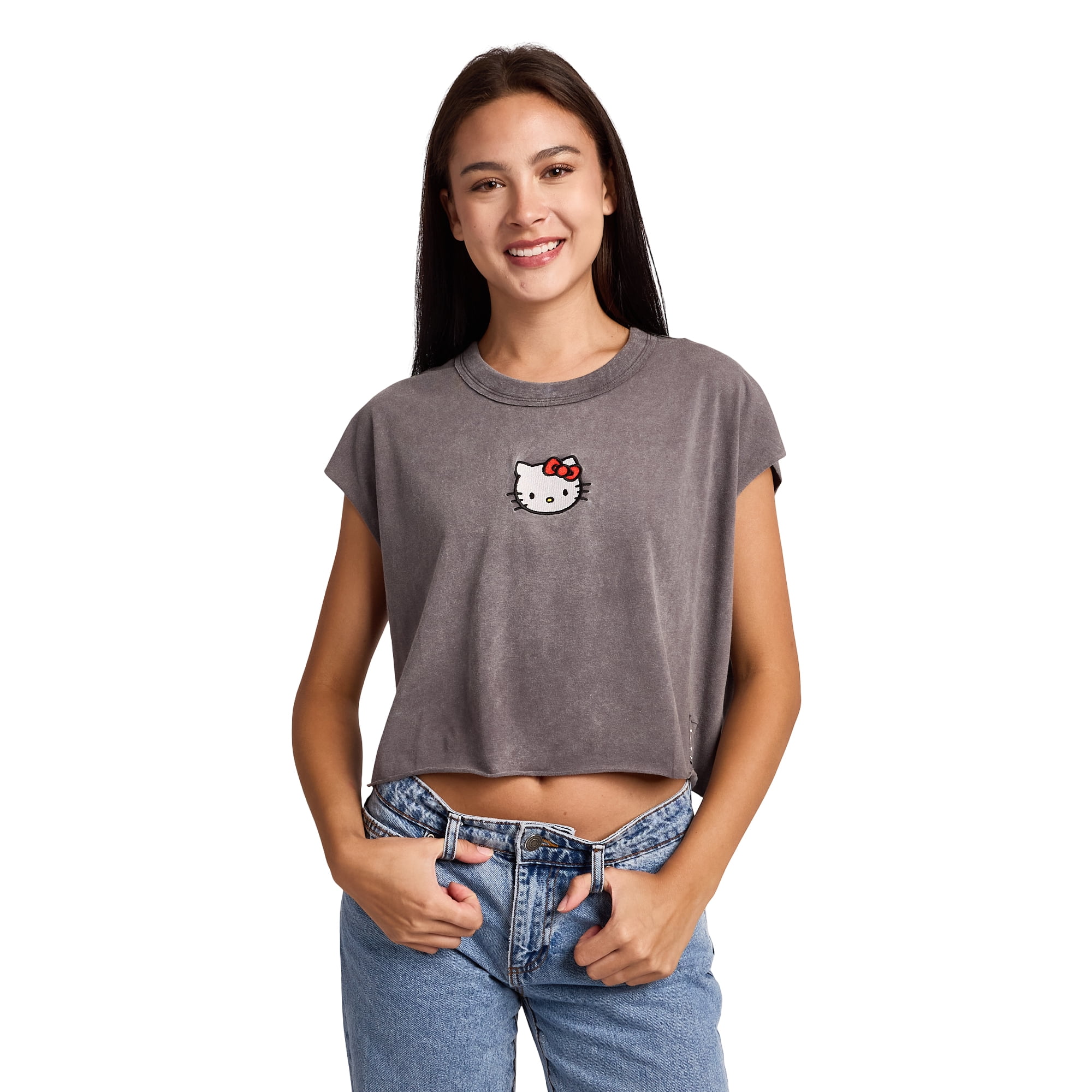 Hello Kitty Embroidered Character Face Women's Black Ram Hem Cropped ...