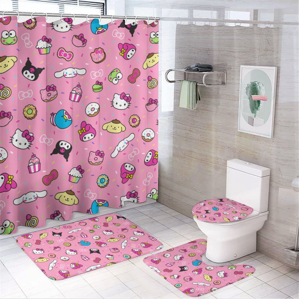 Hello Kitty Family Shower Curtain Sets with Toilet Lid Cover, Non-Slip ...