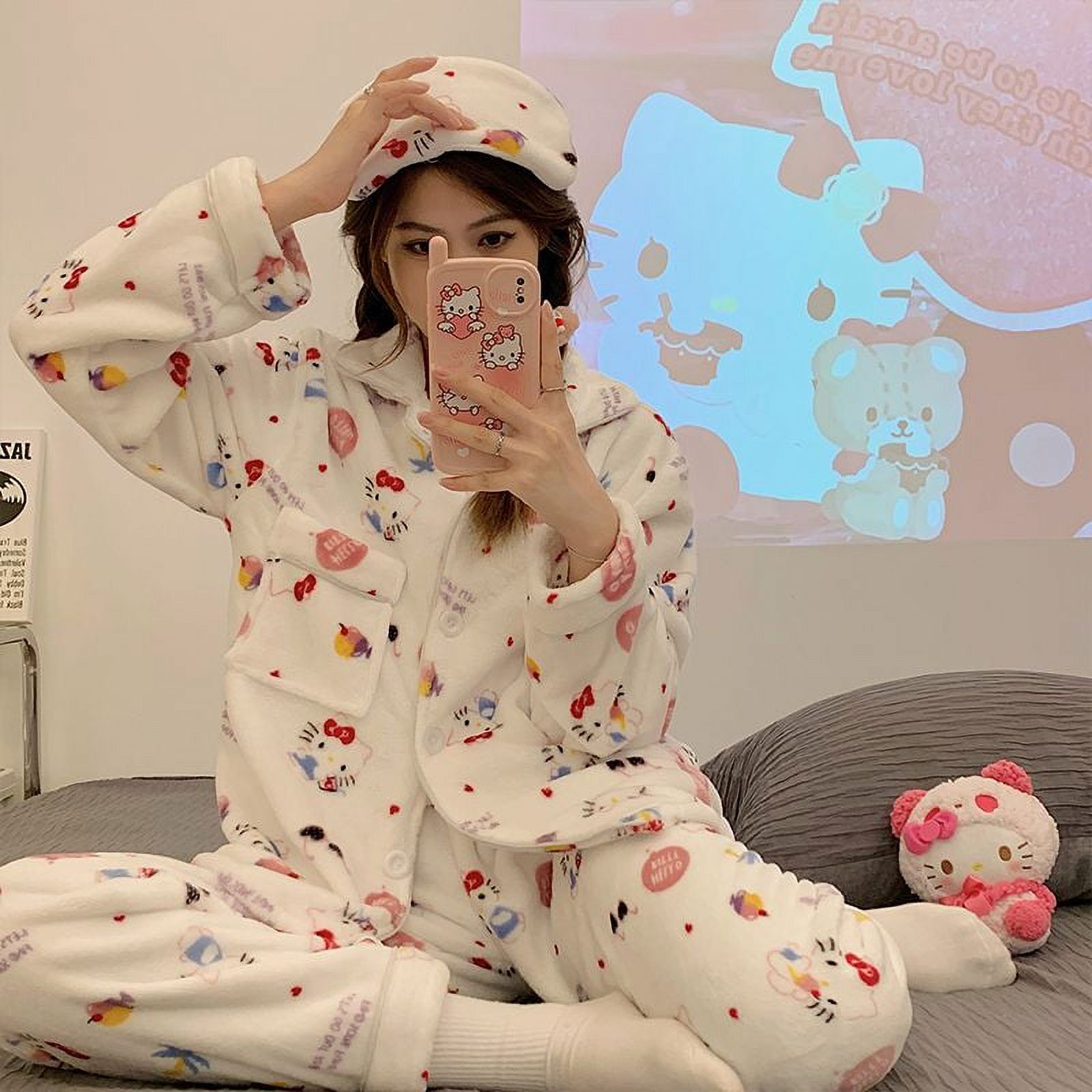 Hello Kitty Flannel Pajamas Set Sanrio Women's Warm Woolen Cartoon ...