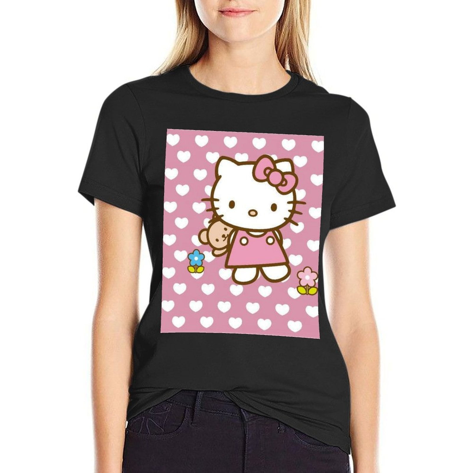 Hello Kitty Flowers bear Heart Crew Neck Shirt T-Shirt For Women - Walmart.com