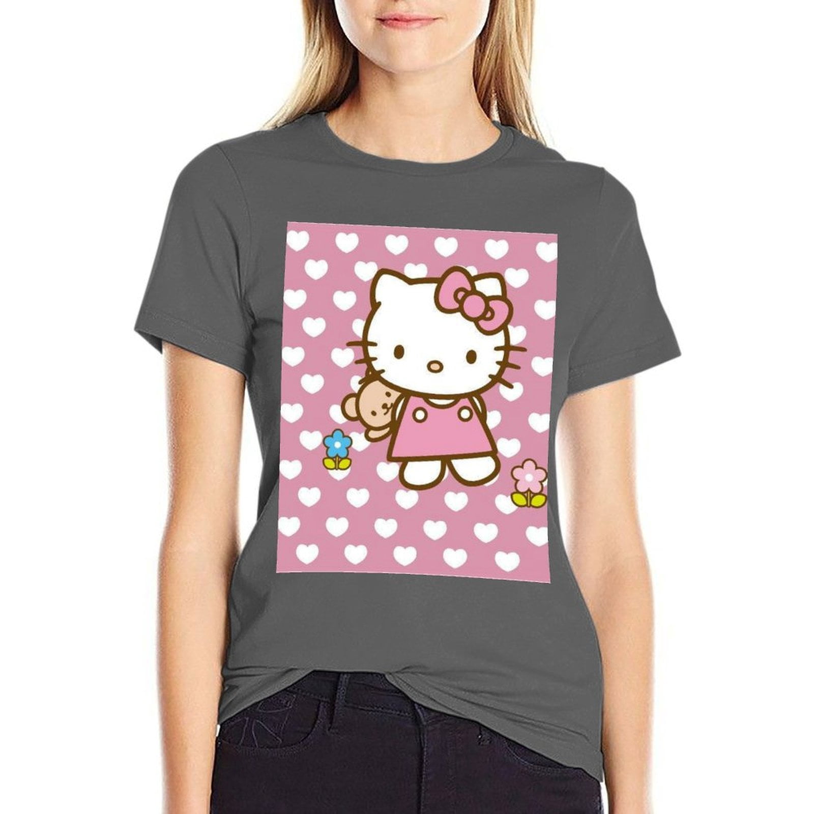 Hello Kitty Flowers bear Heart Crew Neck Shirt T-Shirt For Women ...