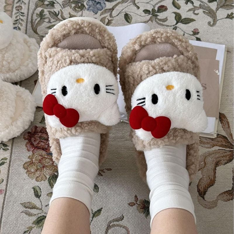 Hello Kitty Fluffy Slippers Kawaii Sanrio Anime Cotton Slippers Autumn ...