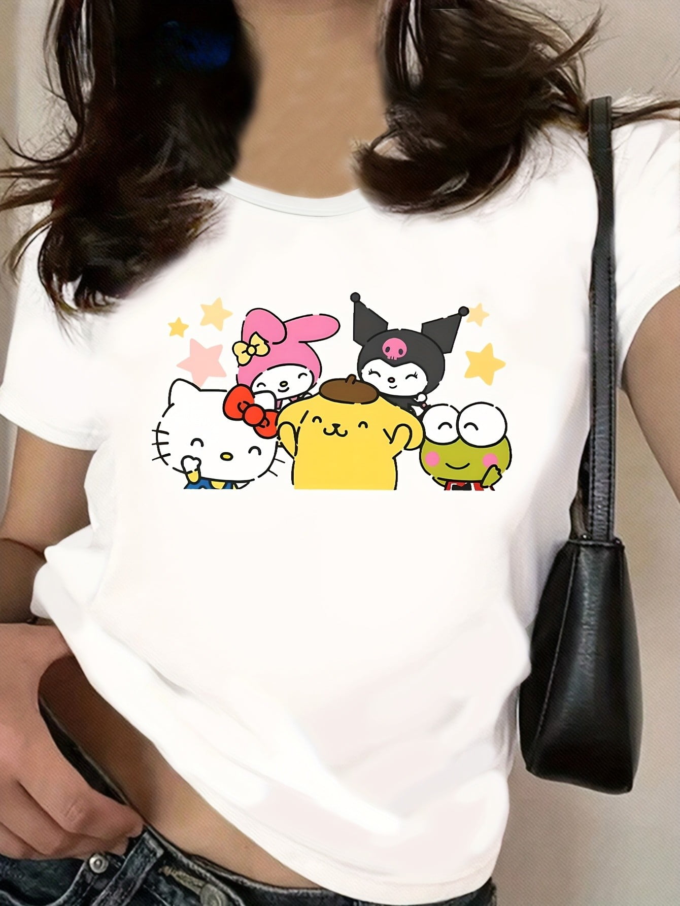 Hello Kitty & Friends Cute Cartoon Print Women's T-Shirt - Black Round ...
