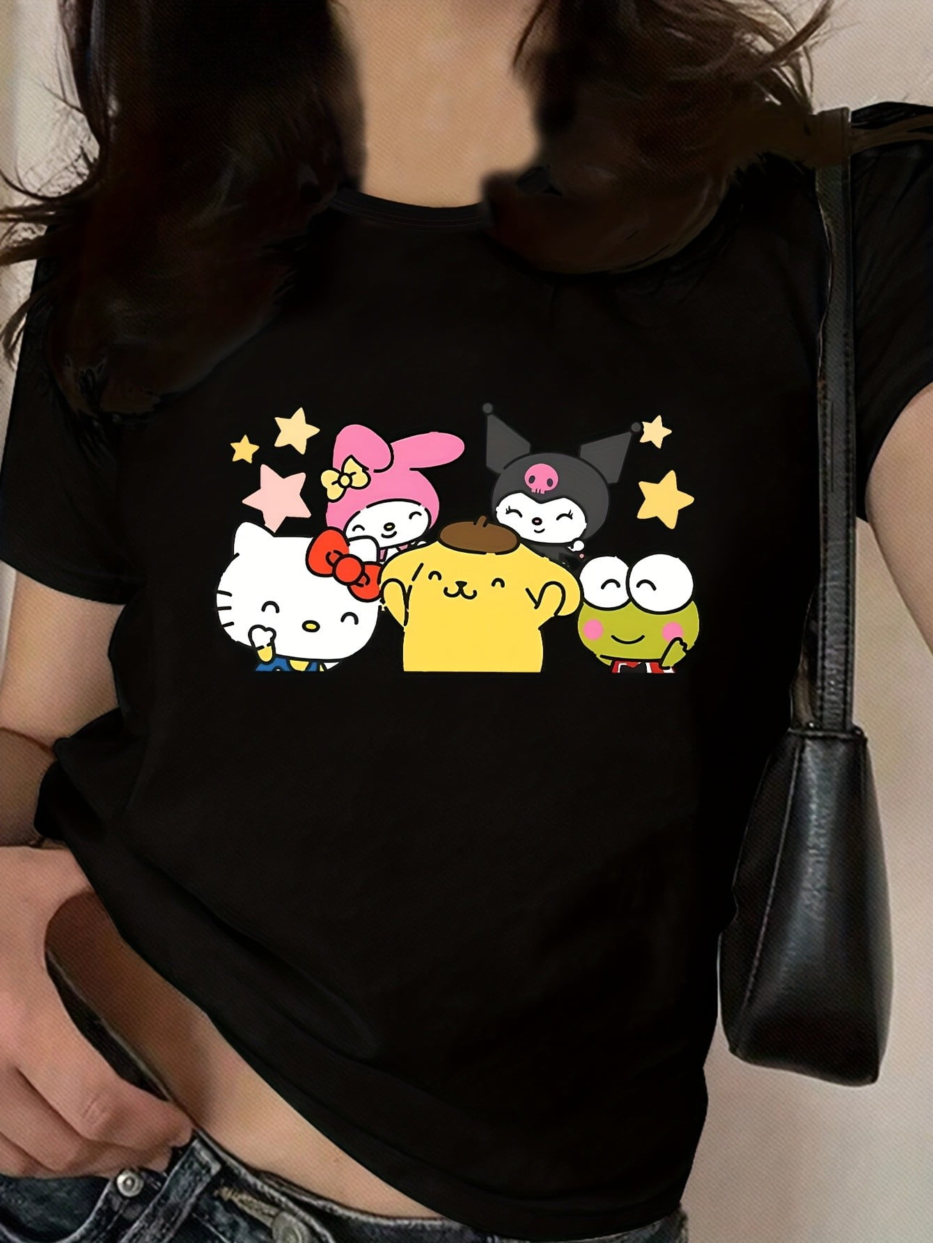 Hello Kitty & Friends Cute Cartoon Print Women's T-Shirt - Black Round ...