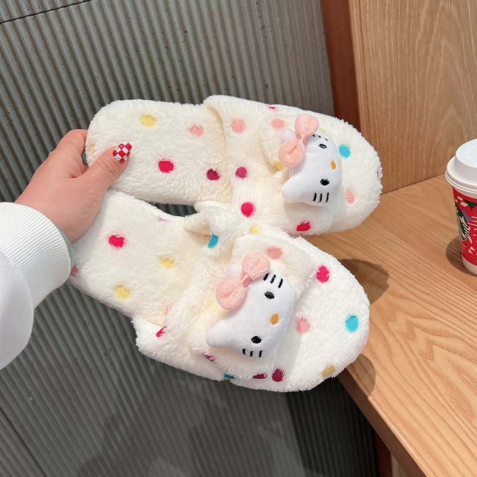 Hello Kitty Fuzzy Slippers Women Cute Fluffy House Shoes Warm Cozy ...