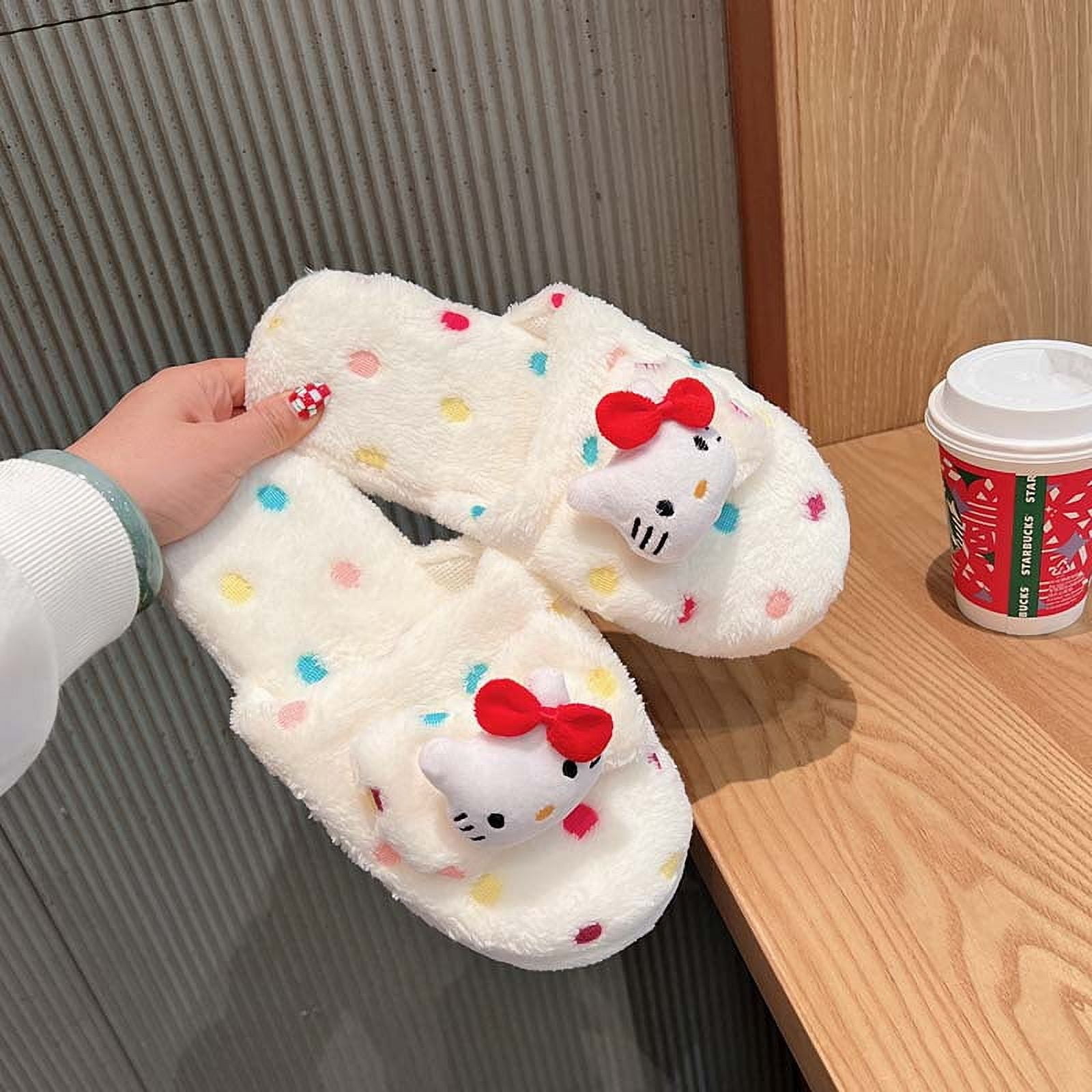 Hello Kitty Fuzzy Slippers Women Cute Fluffy House Shoes Warm Cozy ...