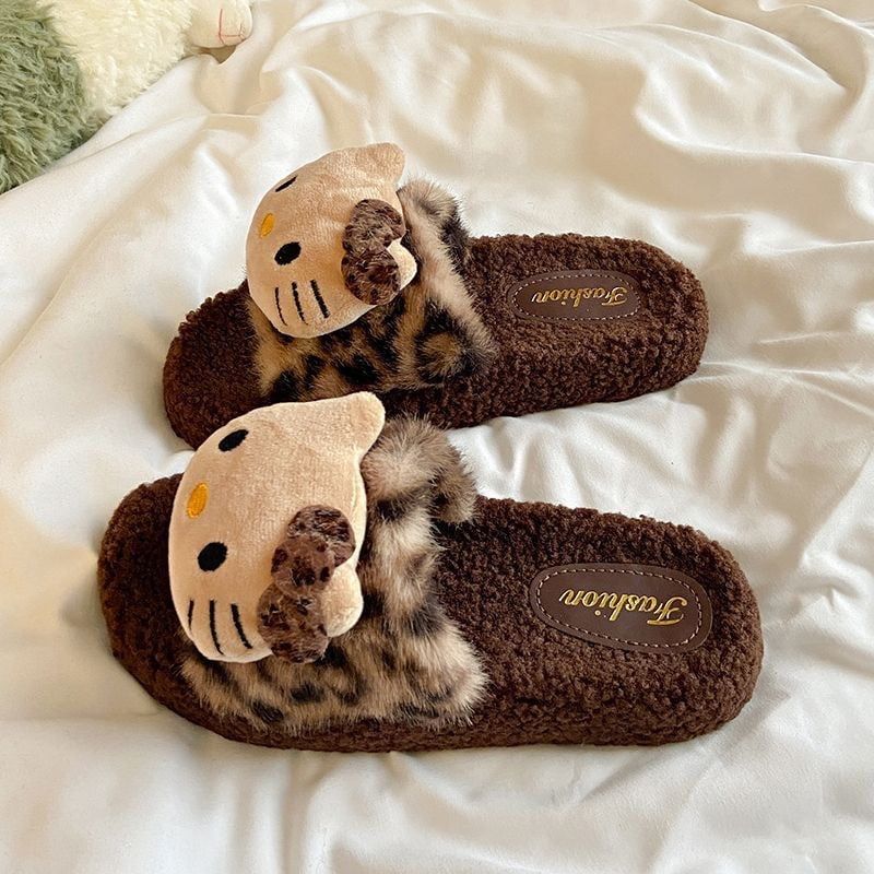 Hello Kitty Fuzzy Slippers Women Cute Fluffy House Shoes Warm Cozy ...