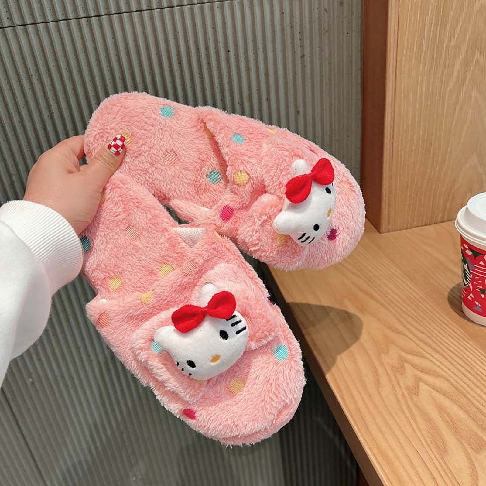 Hello Kitty Fuzzy Slippers Women Cute Fluffy House Shoes Warm Cozy ...