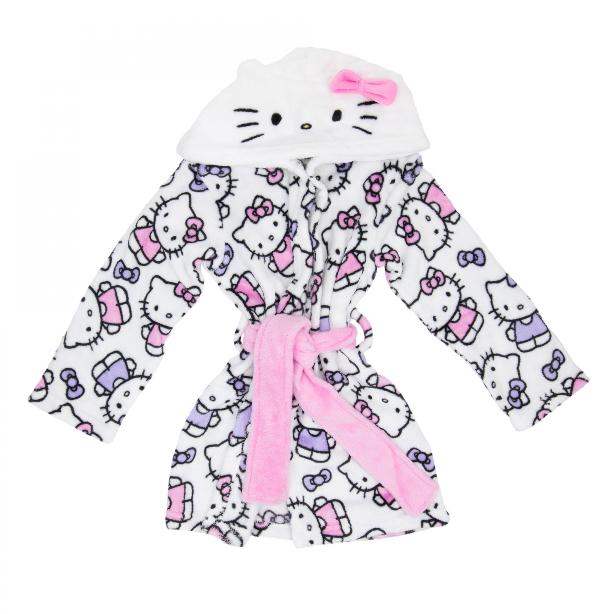 Hello Kitty Girl's Hooded Plush Minky Fleece Character Print Bathrobe ...