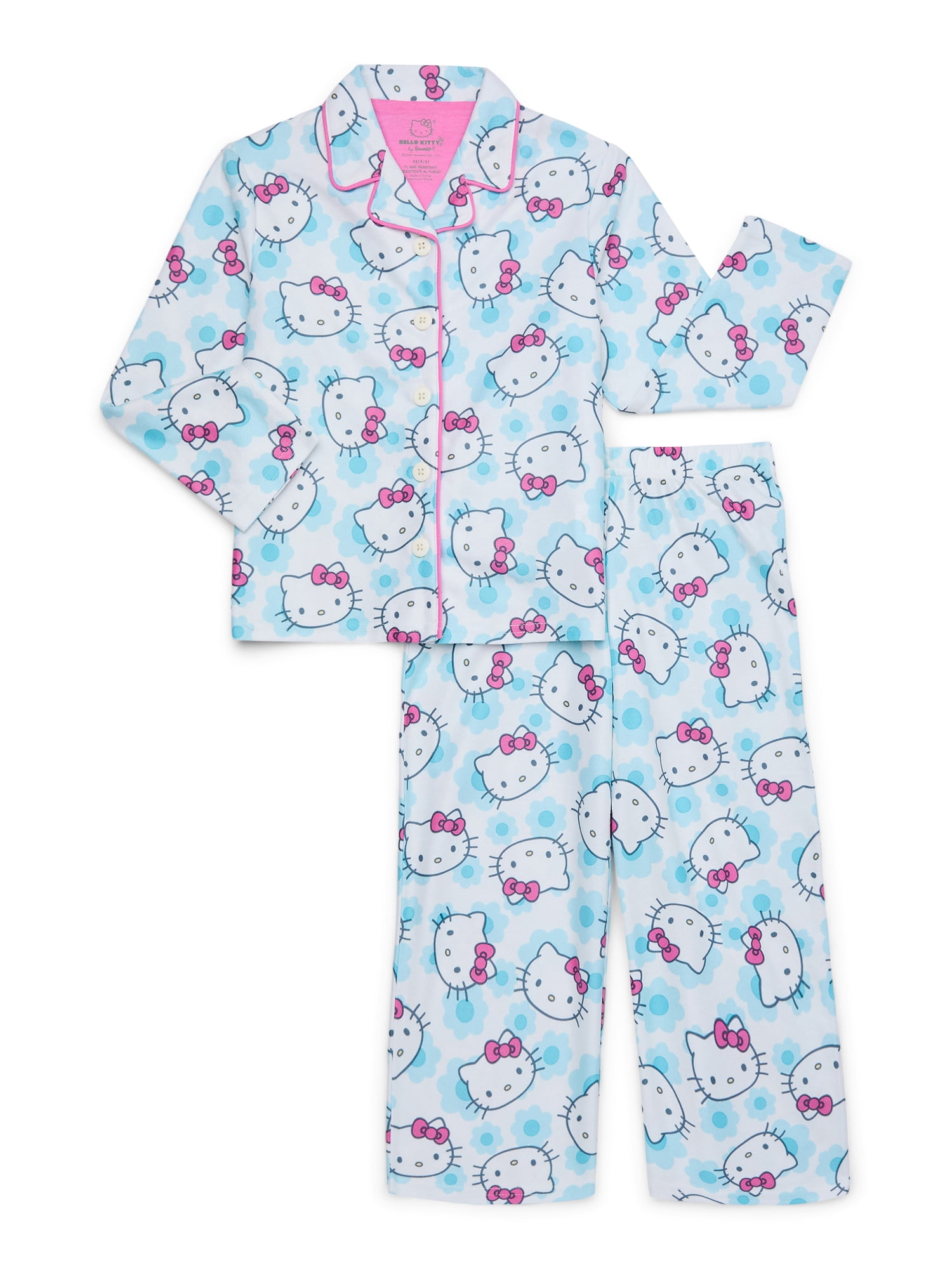 Hello Kitty Girls Long-Sleeve Button-Front Top and Pants Pajama Set, 2 ...