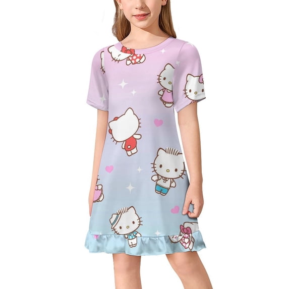 Hello Kitty Girls Short Sleeve Dress A Line Twirly Skater Dress Casual ...